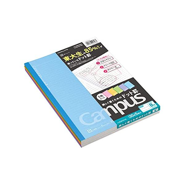 カラー：青・緑・ピンク・紫・黄サイズ：6号(セミB5)スタイル：ドットB罫(6mm幅)中紙:上質紙行数:35行製本様式:無線とじ罫幅:中横罫(B罫:6mm)サイズ:6号(セミB5)教科や用途ごとに色分けして使えるドット入り罫線ノートの5色パック