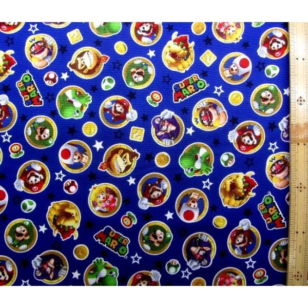 キャラクター 生地 布 スーパーマリオ ( 紺系 ) 柄番号29 オックス （ 綿100％ ) 生地幅−約108cm  g-9926-1b-kk-7063給食袋、体操服入れ、お弁当入れ、コップ袋、巾着袋、スマホケース、移動ポケット、ティシュ...