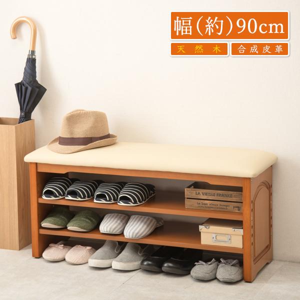 玄関ベンチ 90 玄関収納 ベンチ 収納 おしゃれ 玄関椅子 玄関チェア シューズラック ベンチ 高齢者 玄関 スリッパ 靴 収納 幅90cm■仕様フレーム:天然木（ラバーウッド）棚:プリント化粧繊維板張地:合成皮革組立式■サイズ(約)幅9...