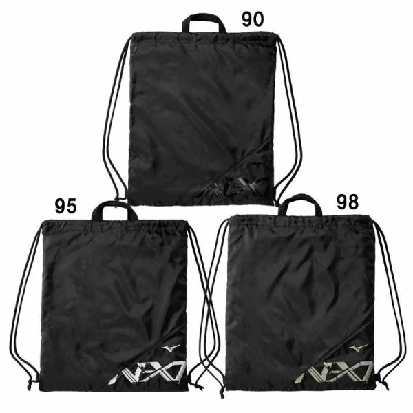 MIZUNO N-XTナップサック一回り大きなサイズで荷物もしっかり入るナップサック。■素材:ポリエステル（裏加工PU）■サイズ:L40×H46cm■カラー90：ブラック×ブラック95：ブラック×ホワイト98：ブラック×エルム■質量：約90...