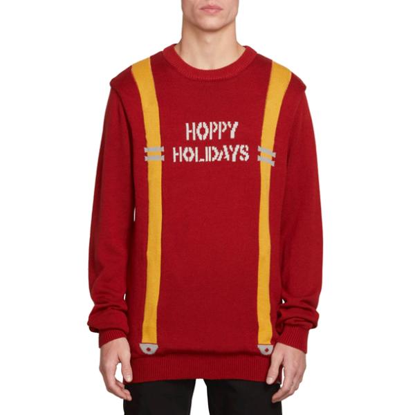 MEN'S VOLCOMサスペンダーセーターは、サンタのサスペンダーとハッピーホリデーのジャカードアートが特徴フォントパネルを照らすライト編まれたVolcomロゴラベル素材：55％コットン/ 45％アクリル