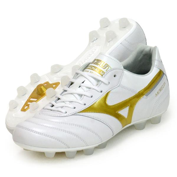 MIZUNO モレリア 2 JAPANMORELIA誕生40周年を機にアップデートを施したフラッグシップモデル。■サイズ：22.0〜30.0cm■カラー：50：スーパーホワイトパール×ゴールド■素材甲材：天然皮革、人工皮革底材：合成底、スタ...