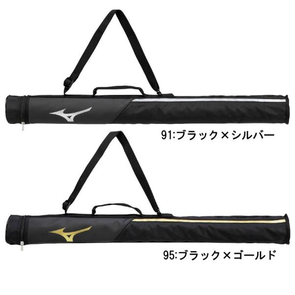 ミズノ バットケースJr.(1本入れ) 形が崩れにくい合成皮革を部分使用。■素材：ポリエステル（裏加工PU）、合成皮革（PU）■サイズ：L83×W8×H8cm■容量：1本入れ■カラー:91：ブラック×シルバー95：ブラック×ゴールド■質量:...