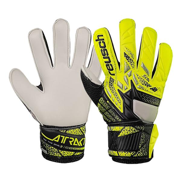 reusch アトラクト ソリッドジュニア■ボールとの接地面が大きく安定感がある。耐久性が高く全タイプのグランドに適している。■着脱しやすいスリットつき■サイズ4・5・6・７■カラー：(7752)ブラック/セイフティイエロー