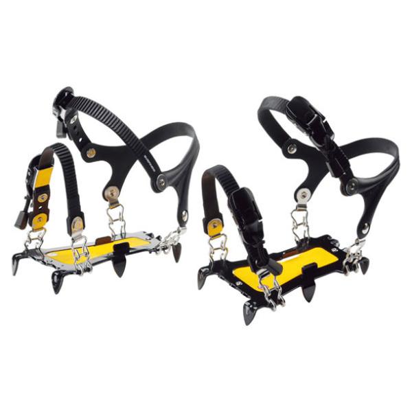 ６本爪。操作の簡単なバックル式。アイゼンに雪がダンゴ状に付くのを防止するスノープレート付き。※安全登山のために※夏の雪渓や冬の低山歩行用のアイゼンです。本格的な雪山登山には使用しないで下さい。フラットソールの靴には不向きです（土踏まずとかか...