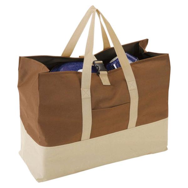 キャンプやバーベキュー時に便利な大型のトートバッグ。'使用サイズ：約幅600×奥行250×高さ500ｍｍ収納サイズ：約270×200×厚さ40ｍｍ重量：約460ｇ容量：約75ｌ材質：ポリエステル【カラー】大型収納トートバッグ（Ｍ）ブラウン