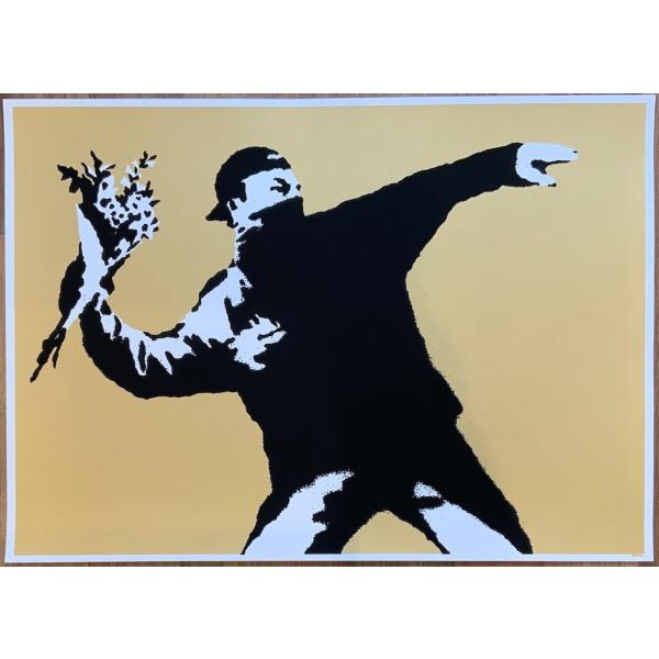 Banksy バンクシー LOVE IS IN THE AIR  GOLD リプロダクション プリントです。イギリスのWEST COUNTRY PRINCEが作成をしたBanksyのリプロダクションの作品です。WEST COUNTRY PR...