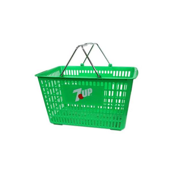 セブンアップのショッピングバスケットになります。スーパーマーケットなどで使われる買い物カゴがベースの収納カゴです。デザインは１９２９年創業のアメリカのレモン風味ソーダブランド、７UP。７０-８０年代に使用されたレトロロゴのデザイン♪衣類や雑...