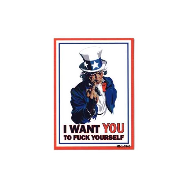 １００円ステッカーになります。１００円（税抜）で楽しめるオシャレなステッカーシリーズ！デザイン＆品質に拘った当店オススメのステッカーです♪コチラは「I WANT YOU」。アンクル・サムの有名ポスターを「ファック化」させたジョークステッカー...