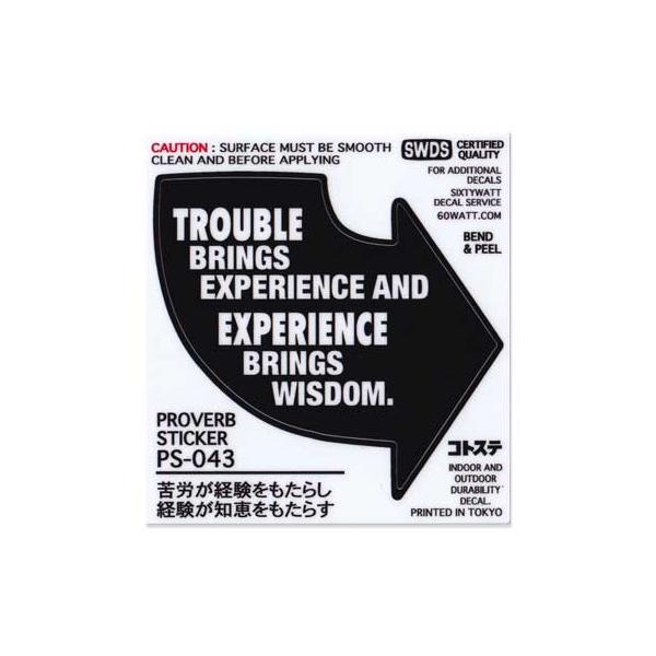 ことわざステッカーになります。ことわざや名言をアルファベットで表現したステッカーです。雑誌「世田谷ベース」「デイトナ」でも紹介された人気ステッカーシリーズですね♪メッセージは「苦労が経験をもたらし、経験が知恵をもたらす」。こんな矢印型のデザ...