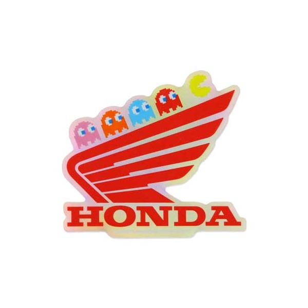 ホンダXパックマンのステッカーになります。世界に誇る日本の自動車＆バイクメーカー、HONDA。８０年代に発売されたナムコのゲームタイトル、PAC-MAN。そんな両名のユニークなコラボステッカーです♪ウイングロゴに群がるパックマン＆モンスター...
