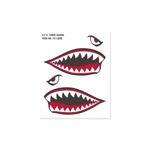 タイガーシャークステッカーになります。アメリカ軍戦闘機のような無骨で男前なカスタムを楽しもう♪大好評のエアファイターシンボルステッカーシリーズ！士気を鼓舞し、敵を威嚇するノーズアートの世界。中でもキャッチーなタイガーシャークマウスは大人気♪...