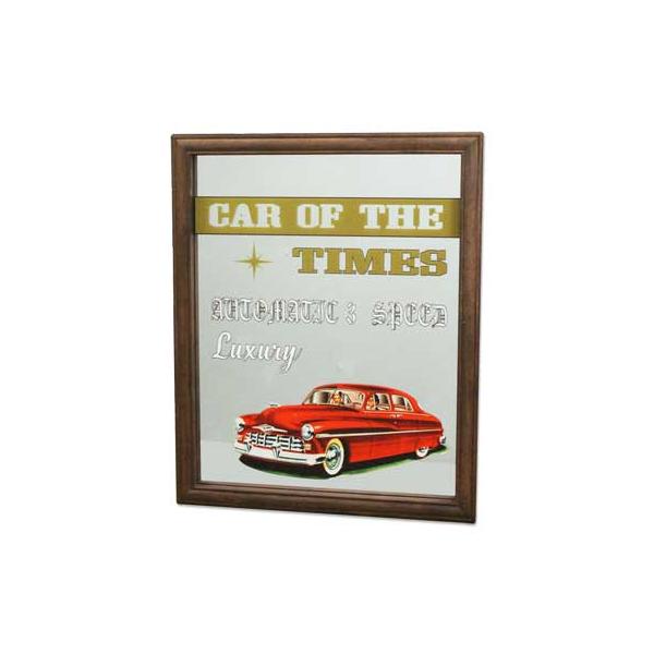 パブミラーになります。ビンテージライクなウッドフレームがオシャレなパブミラーです。オールドアメリカンな雰囲気がステキでしょう！アメ車の曲線美とゴージャスなレタリングがオシャレですね♪背面の治具を使って壁に掛けたり、立て掛けるのもイイでしょう...