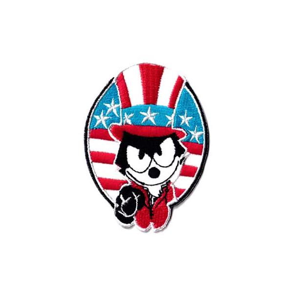 フィリックス・ザ・キャットのワッペンになります。根強い人気を誇るアメリカのネコキャラクター、FELIX THE CAT。デザインはトップハット姿が凛々しいアンクル・サムのオマージュ♪アイロンの熱で生地に接着できるアイロンワッペンです。シャツ...