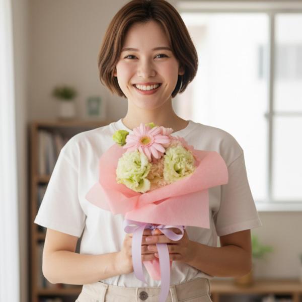 【発売日：2027年05月06日】箱を開けたら思わず「可愛い！」と笑顔のでる花束です。 サイズ　約200Φ×高さ250ｍm 「ありがとう」を、さりげなく可愛く届けるプティサイズのフラワーギフト。 やさしいピンクのカーネーションを中心に、ふん...