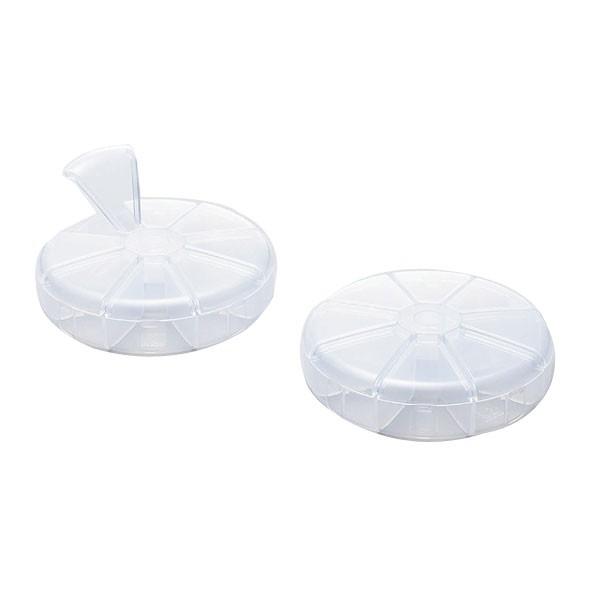 ●個別フタ付シングルスペースで小物収納に最適です。●ポケットに納まり易いフラットタイプ。●取り出し易い底アール付　●文具用品、小物、薬等収納可能【商品情報】●外寸（ｍｍ)Φ×高さ：110×32 ●商品重量：50ｇ ●色：クリア ●材質：ポリ...