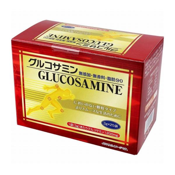 商品名グルコサミン 3g×25袋入商品説明●本品のグルコサミン(かに由来)は国産のグルコサミンを1袋(3g)中に1200mgを含有した高品質な商品です。他にぶどう糖・ビタミンCをバランスよく配合し、飲みやすくしております。●無添加・無香料・...