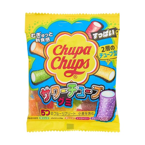 チュッパチャプスから、チューブ型グミがラインアップ。2層のチューブ型で、むぎゅっとした新食感が楽しめます。表面のすっぱいパウダーがアクセントになり、ひと口ごとにクセになる味わい。青りんご、パイナップル、オレンジ、ストロベリー、グレープの5つ...