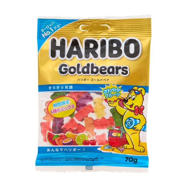 HARIBOの人気グミ「ゴールドベア」に、期間限定の「さわやかフルーツ」が登場。ピーチ、パッションフルーツ、ライム、マンゴー、スイカ、チェリーの6種類のフレーバーを楽しめるフルーツアソートです。カラフルでジューシーな味わいをお楽しみください。