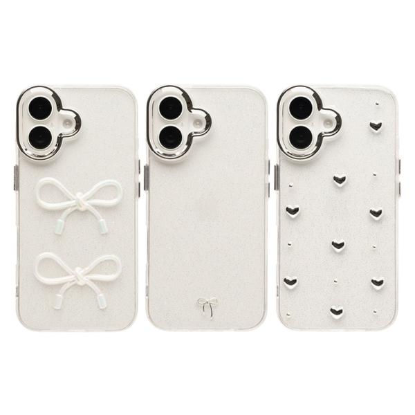 パールやシルバーの立体的なリボンがアクセント！iPhoneの本体カラーと、リボンデザインとの相性を楽しめるクリアケース。ピリッと効いたカメラホールのシルバーラインで、甘くなりすぎずスタイリッシュな印象に。さりげないラメもポイントです。※iP...