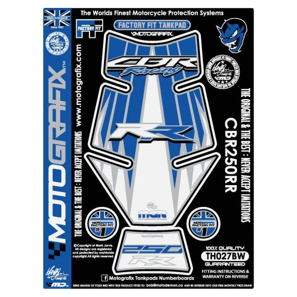 メーカー名：モトグラフィックスメーカー品番：MT-TH027BWカタログ品番：P086-4960販売備考：キャンセル不可商品。TANK PAD BLUE/WHITE適合情報：ホンダ[HONDA] CBR250RR [MC51] 17-