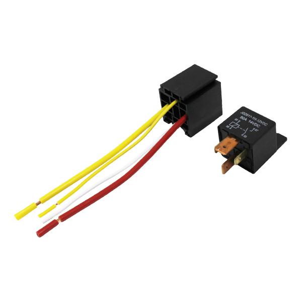 大容量のリレーです。【配線】・30 (黄色配線(接点))：4sq・85 (白色配線(コイル無極性))：0.75sq・86 (黄色配線(コイル無極性))：0.75sq・87 (赤色配線(接点))：4sq電圧：12V電流：80A極数：4セット内...