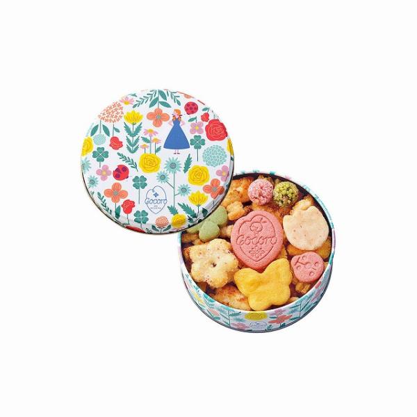 色々な味と形のおかきとラッキーチャームを象った 米粉入りクッキーを詰め込んだ10種類のミニ缶の、しあわせな味わいをお楽しみください。麻布あげ 醤油／小粒サラダ／蝶々(かぼちゃ)／チューリップ(海老)／梅ざらめ／クッキー［てんとう虫（苺）・ク...