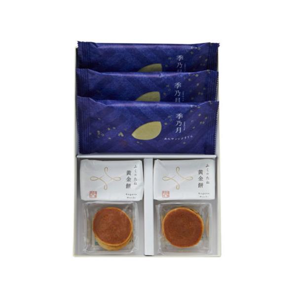 内容 ： 季乃月×3、黄金餅×2、小どら×2 特定原材料等 ： 卵・小麦・乳成分・大豆 賞味期限 ： 製造日より常温 10日 サイズ ： 縦24cm×横17cm×高さ4.5cm アルコール ： 不使用