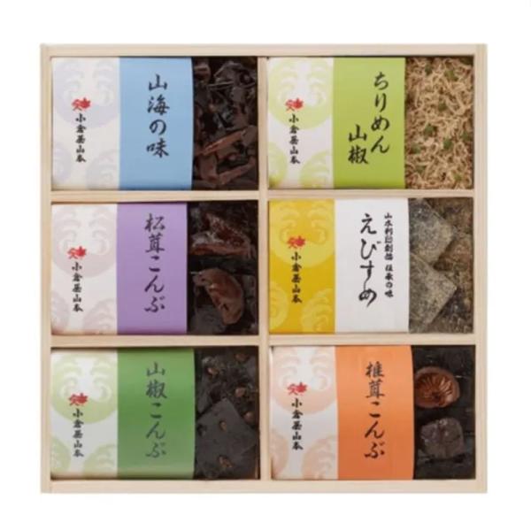 詰め合わせ内容量：えびすめ45グラム/ちりめん山椒25グラム/松茸こんぶ60グラム/山海の味60グラム/椎茸こんぶ60グラム/山椒昆布60グラム