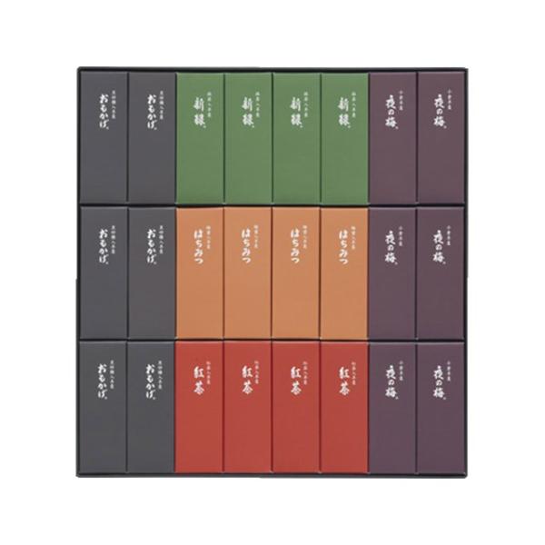 詰合せ内容小形羊羹商品名賞味期限または消費期限小形羊羹 夜の梅製造から1年6点小形羊羹 おもかげ製造から1年6点小形羊羹 新緑製造から1年4点小形羊羹 はちみつ製造から1年4点小形羊羹 紅茶製造から1年4点大きさ：24.8×23.7×2.3...