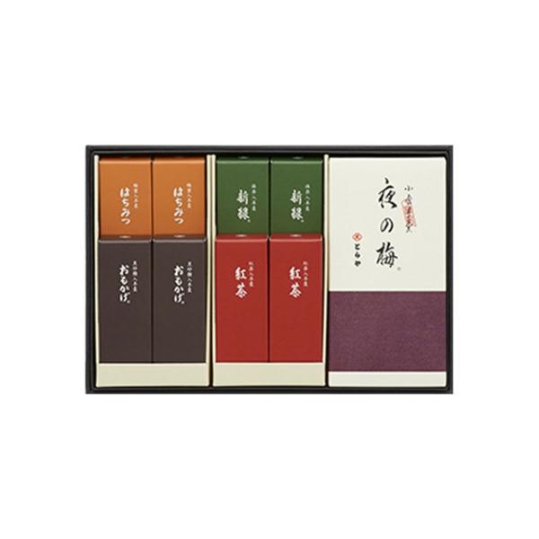 中形羊羹「夜の梅」1点と、小形羊羹「おもかげ」「新緑」「はちみつ」「紅茶」各2点を詰め合わせました。詰合せ内容中形羊羹商品名賞味期限または消費期限中形羊羹 夜の梅製造から1年1点小形羊羹商品名賞味期限または消費期限小形羊羹 おもかげ製造から...