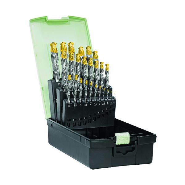 【メーカー】●ワルタージャパン（株）【仕様】●セット内容(mm)：1.0〜13.0/(0.5とび)●セット入数(本)：25●表面処理：ハイスTiNポイントコーティング●有効加工深さ：8D(刃径×8倍)●ケースサイズ●表面処理：ハイスTiNポ...