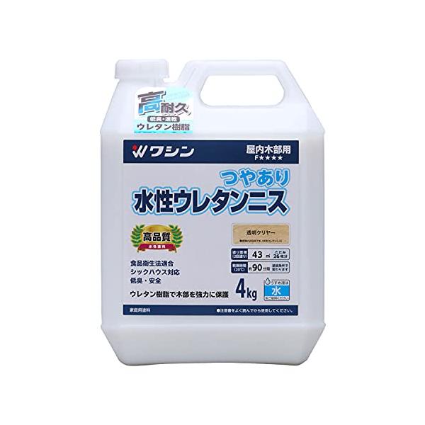 透明クリヤー/-/941851・Color:透明クリヤー・色:透明クリヤー・容量:4kg・塗り面積(2回塗り):43m2(畳約26枚分)、乾燥時間:約90分(20度C)・うすめ液:水(原液のままでも使用可)・ホルムアルデヒド放散等級:エフフ...