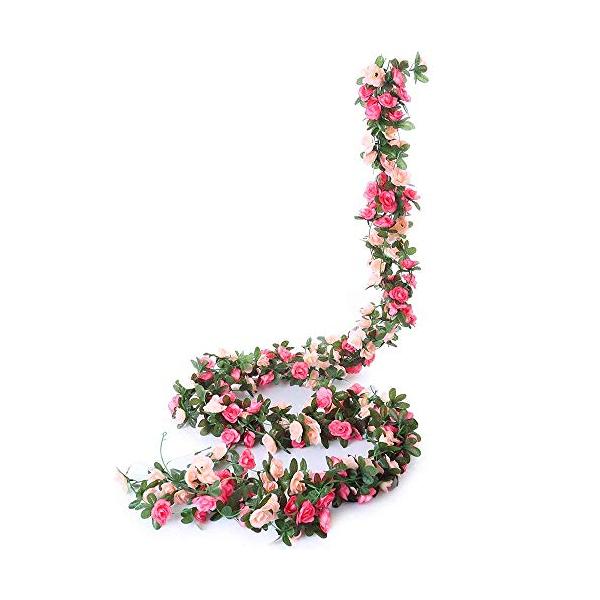 ??【素材】花びらは柔らかい絹の布を使用し、枝はエコなプラスチック製の表面、裏が針金で必要な角度に曲がれます、便利で使いしやすい。・??【サイズ】人工バラの藤の長さは約2.5m一条（一条あたり45花、45葉）で複数のバラ花頭は茎の左右に分布...