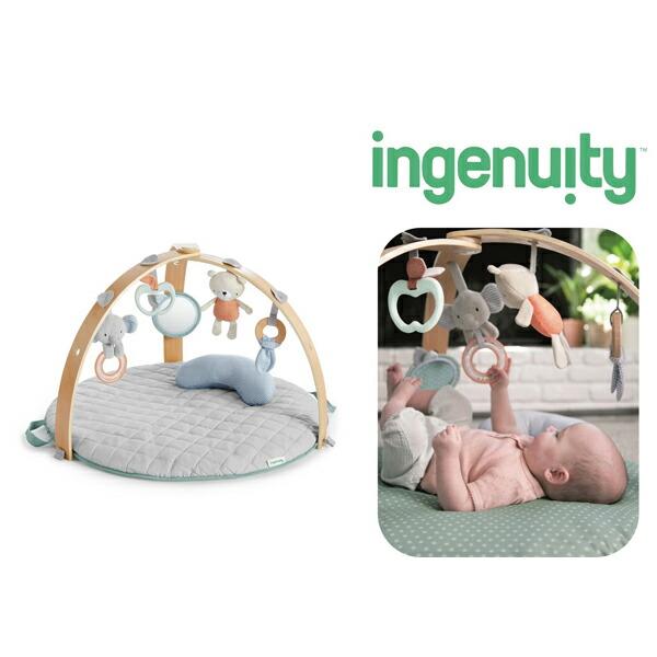 付属のマットカバーはリバーシブルになっており、表裏をお好みで入れ替えることができます。折り畳み式の木のトイバーには、5種類のおもちゃがついています。セット内容：プレイマット、マットカバー、トイバー、クッション、くまの布製おもちゃ、ぞうのラト...