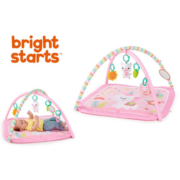 パステルカラーのジムにはおもちゃ５個付き！ ユニコーンの形をしたメロディトイのお腹を押すと音楽が流れます！薄手のプレイマットは持ち運びにも便利です！セット内容：プレイマット、トイバー、ミュージカルトイ、太陽型ラトル、葉っぱ型歯固め、ハート型...