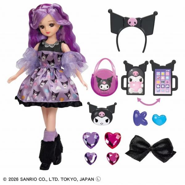 クロミがいっぱい！シールでデコっちゃお！髪やドレスを自由にデコれるリカちゃんセットです。クロミデザインのドレスに、クロミをモチーフにした小物（カチューシャ、スマホ、バッグ）が付いています。ドレスや髪には、クロミモチーフのパーツやリボン、ジュ...