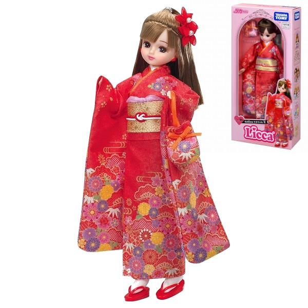 上品な赤い着物を着たリカちゃん人形です。花尽くしの柄の赤い着物のリカちゃんです。髪型はハーフアップでお嬢様風。着物にぴったりの髪飾りと巾着がついています。【セット内容】人形本体（着物、下着、足袋、イヤリング着用）(1)、髪飾り(1)、草履(...
