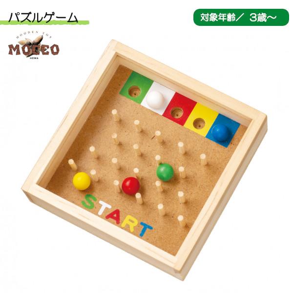 ５色の玉を全て定位置に入れるゲームです。木箱＆アクリル板の中にゲームが収まっています。バラバラにならず安全で何度も繰り返し遊べます。対象年齢：3歳〜サイズ：9.8×9.8×2.5cm●JANコード：4977693226559備考