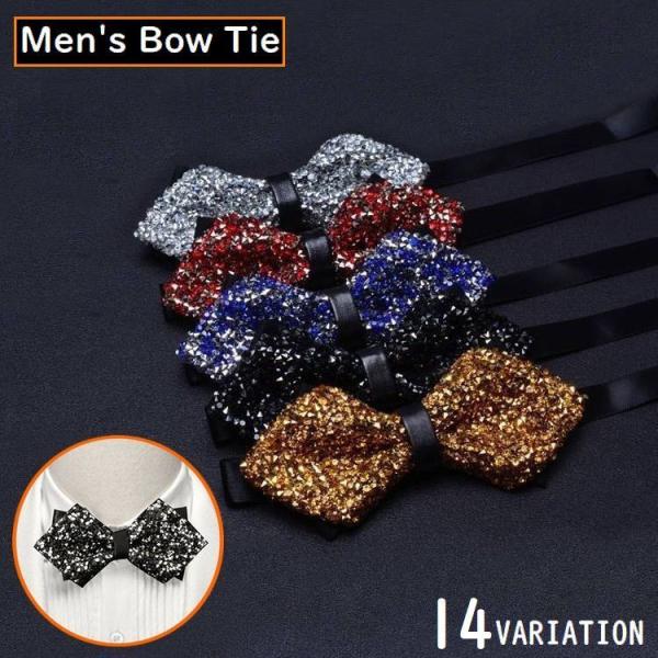 たっぷりビジューのオシャレなキラキラデザイン♪ポインテッド＆セミバタフライのメンズ用蝶ネクタイです。【サイズについて】画像をご参照ください。【カラーについて】生産ロットにより柄の出方や色の濃淡が異なる場合がございます。お使いのモニターや撮影...
