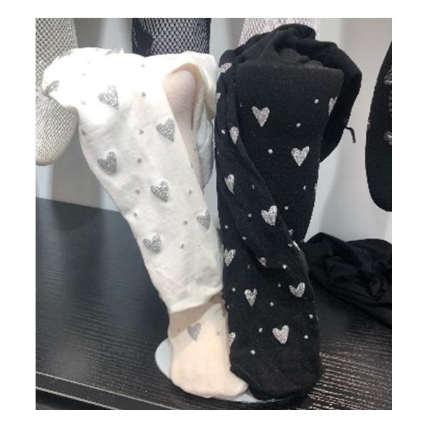 ハートのラメがキラキラと可愛らしい子供用タイツです。【サイズについて】参考年齢XS（6か月〜1歳）S（1歳〜1歳半）M（1歳半〜2歳）L（3歳〜4歳）XL（5歳〜６歳）【補足説明】※商品の性質上、手洗いでのお洗濯をお勧めしております。※稀に...