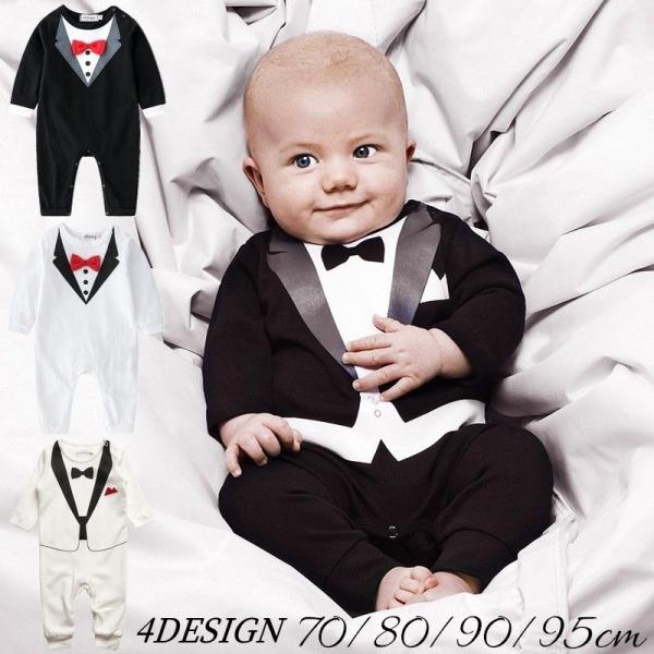 フォーマルシーンにぴったり♪タキシード風デザインのベビー用カバーオールです。股下はスナップボタンになっているのでオムツの交換も楽々です。【サイズについて】画像をご参照ください。【素材について】95%綿 5%スパンデックス【カラーについて】生...