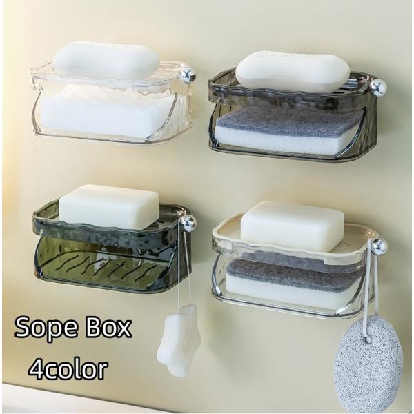 壁に装着するタイプのソープボックス。二段構造でスポンジを収納する事もできますよ。キッチン、お風呂場、洗面所などに◎【サイズについて】画像をご参照ください。【素材について】PET＋PP【カラーについて】生産ロットにより柄の出方や色の濃淡が異な...