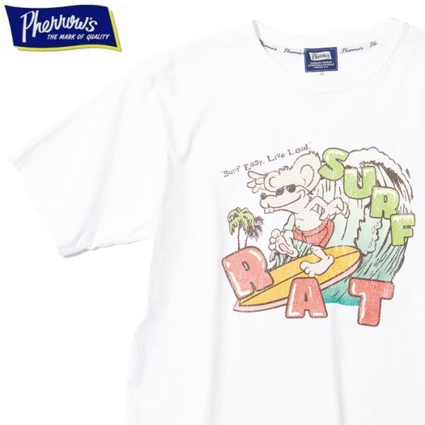 ■スタイル■ 半袖Tシャツ SURF RAT 多色プリント サーフ ネズミ RAT 26s-pt4 ■ブランド■ Pherrow's フェローズ アメカジ ホワイト ■コメント■波乗りをするネズミを多色プリントで配したコミカルでポップなサー...