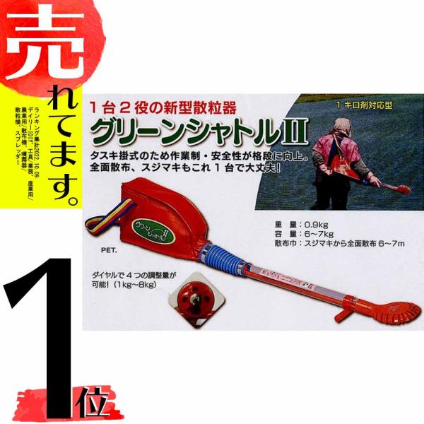 グリーンシャトルは農薬の全面散布、スジまきの1台2役!10haあたり1から3kgの農薬を均一に散布できます(1キロ剤対応型)例/カソロン粒剤6.7を1袋(3kg入)で幅1mの畦畔を500m散布できます。タスキ掛式のため作業性、安全性が格段に...