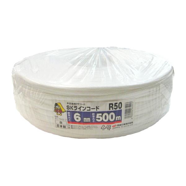 太さ：6mm標準長さ：500m品番：R50色：白材質：ポリプロピレン＜特長・効果＞ソフトで伸びにくく、しっかり結べます。梨棚やお茶俵の結束、陶器関係の結束などに使われます。