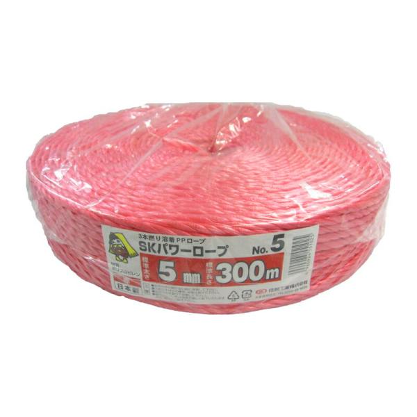 太さ：5mm標準長さ：300mタイプ：溶着品品番：No.5色：赤引張強度：705N（72kgf）材質：ポリプロピレン＜特長・効果＞農業用から漁業関係、一般産業用まで幅広い用途で使われます。３本よりで強度は抜群！しっかり結べて結束後も長持ちし...