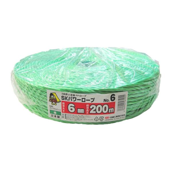 太さ：6mm標準長さ：200mタイプ：溶着品品番：No.6色：緑引張強度：980N（100kgf）材質：ポリプロピレン＜特長・効果＞農業用から漁業関係、一般産業用まで幅広い用途で使われます。３本よりで強度は抜群！しっかり結べて結束後も長持ち...