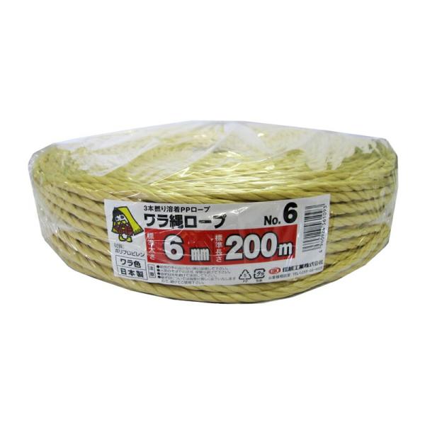 太さ：6mm標準長さ：200mタイプ：溶着品品番：No.6色：ワラ材質：ポリプロピレン＜特長・効果＞冬囲いや雪吊り用に。景観を損なわずキレイに仕上がります。一般荷造りの他、ワラジや民芸品の素材として使用されます。味噌・醤油や漬物樽の結束、お...