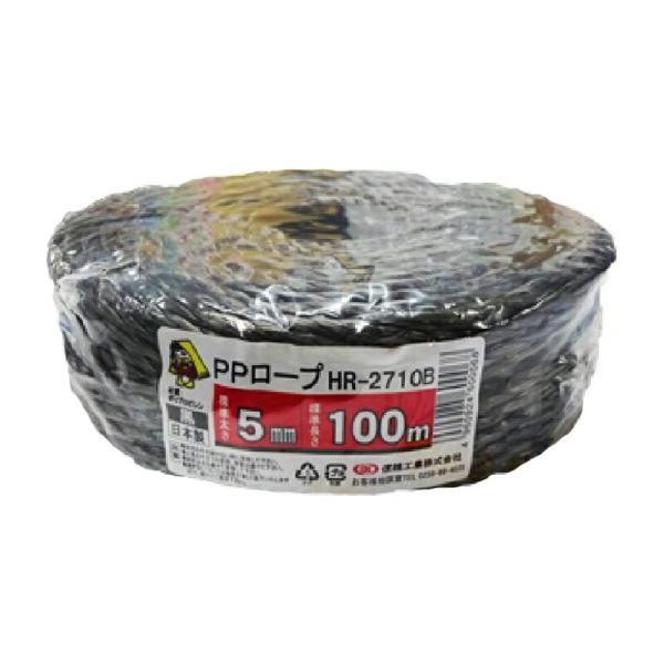 太さ：5mm標準長さ：100mタイプ：溶着品品番：HR-2710B色：黒材質：ポリプロピレン＜特長・効果＞冬囲いや雪吊り用に。景観を損なわずキレイに仕上がります。一般荷造りの他、ワラジや民芸品の素材として使用されます。味噌・醤油や漬物樽の結...
